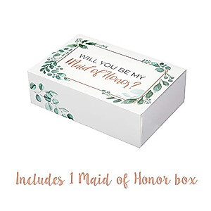 Pop Fizz Designs Bridesmaid Proposal Box Set I 6 Pack I 1 Maid of Honor Proposal Box and 5 Will You be My Bridesmaid Boxes I Greenery with Rose Gold Foil Bridesmaid Box for Bridesmaid Gifts