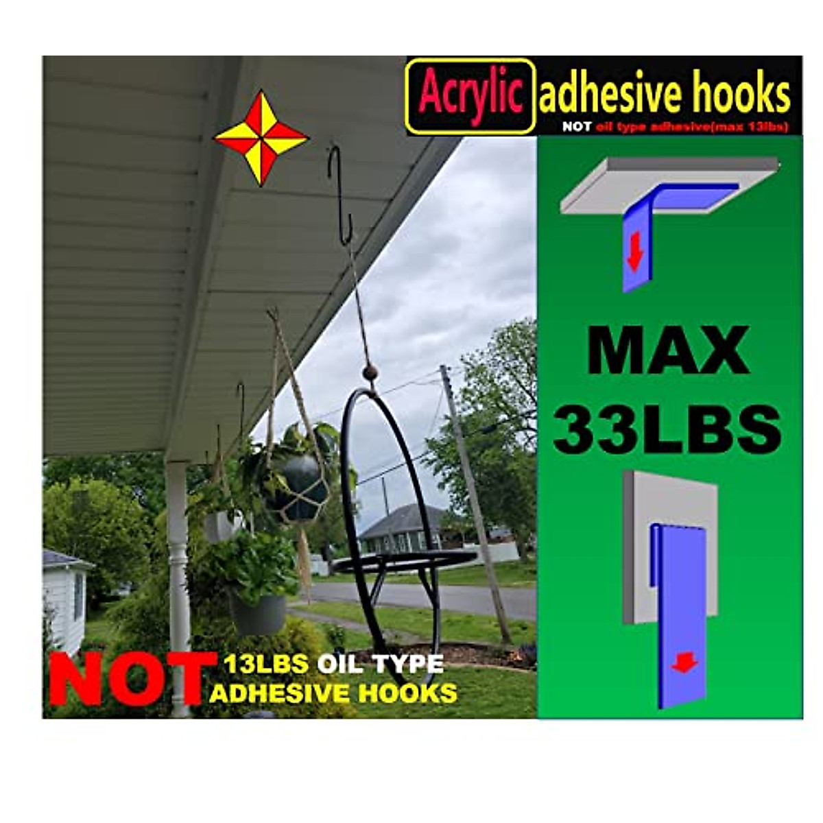 QUALIALL The Worest 0.003lbs Wall Hooks, Ceiling Hooks (on Wrong Surface), The Real Heavy Duty 33lbs Acrylic Self Adhesive Stick on Hanger for Hanging, Reusable, Traceless, 10packs