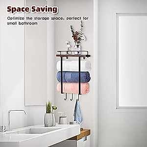 Towel Rack Wall Mounted for Bathroom Decor, Metal Towel Holders with Wooden Shelf and 3 Hooks, for Large Rolled Towels, Hand Towels, Washcloths, Towel Storage, for RV, Small Bathroom Organizer