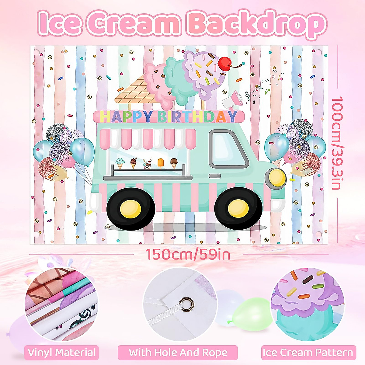 Winrayk Ice Cream Party Decorations Birthday Supplies for Girls, Pastel Ice Cream Balloons Garland Arch Kit Backdrop Tablecloth Candy Long Strip Balloon, Two Sweet Ice Cream Birthday Party Decorations