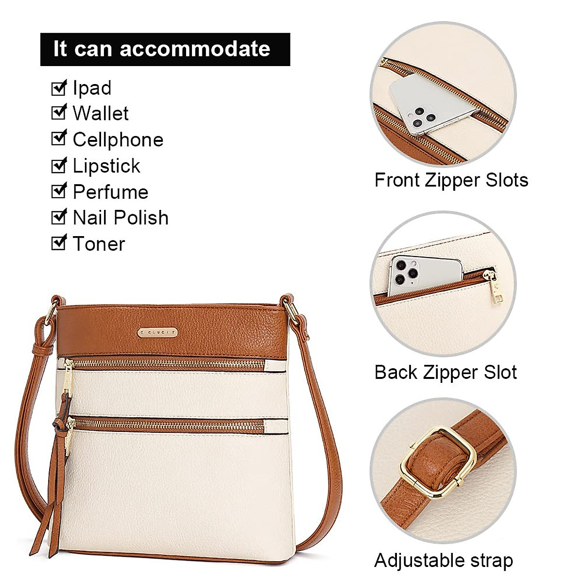 CLUCI Crossbody Purses for Women, Zipper Pocket Adjustable Strap, Soft Leather Women's Shoulder Handbags