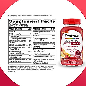 Centrum MultiGummies Multi+ Omega 3 Dual Action, Adult Multivitamin, Multivitamin/Multimineral/Omega 3 Supplement, Strawberry/Lemon/Orange Flavors - 110 Count