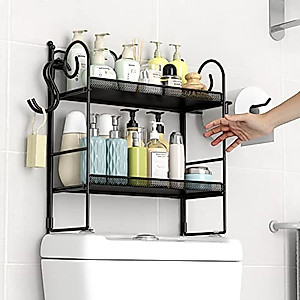 EKNITEY Flolding Over Toilet Storage - No Assembly Bathroom Organizer Shelf Above Toilet Storage Rack with Hooks and Paper Holder 2 Tier Black