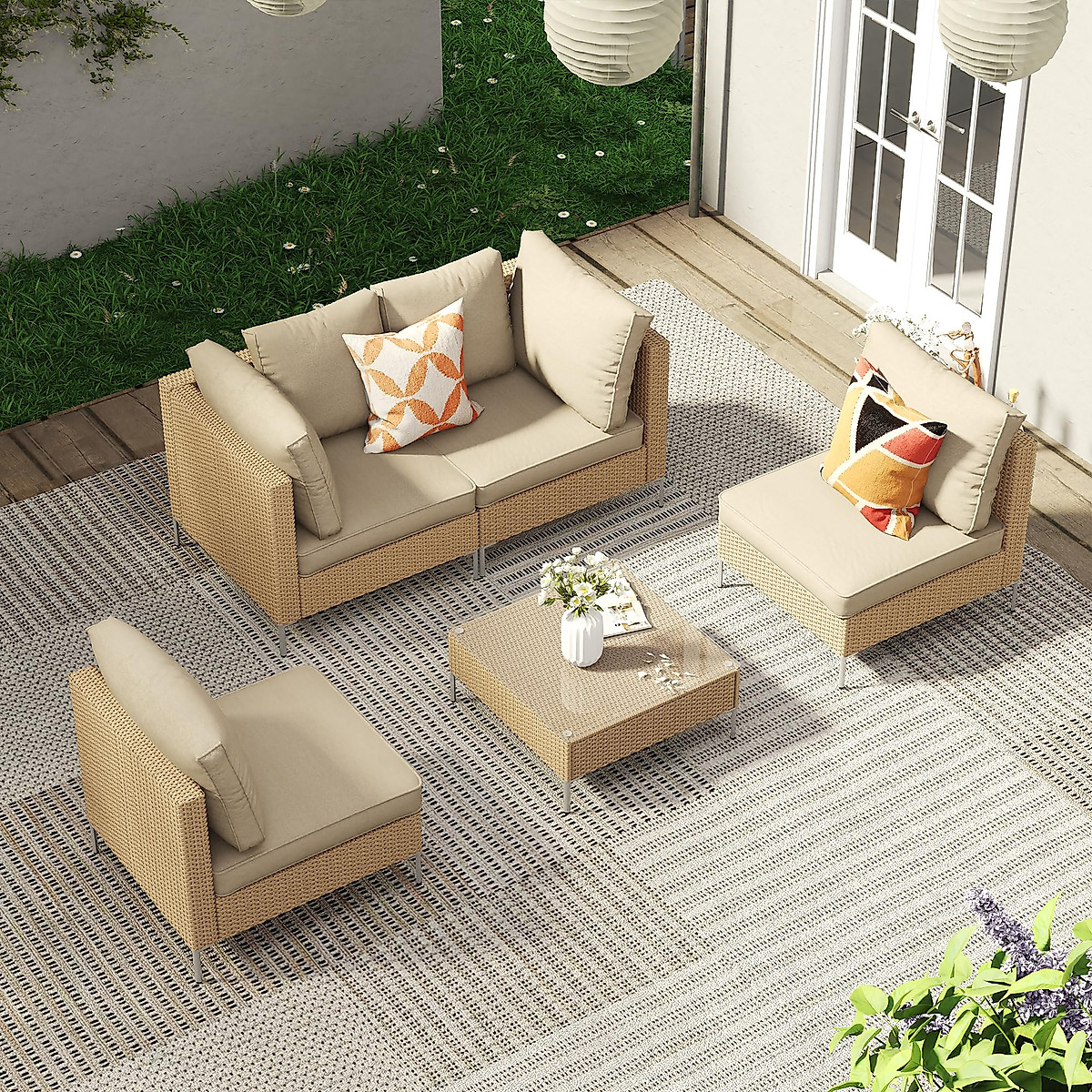VICLLAX 5 Pieces Wicker Patio Furniture Set, Outdoor Conversation Set Sectional Sofas with Cushions and Glass-top Tea Table, Oak Rattan