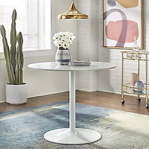 Target Marketing Systems Pisa Round Dining Table with Chrome Plated Pedestal Base, Modern Retro Kitchen Furniture for Small Spaces, Seats 2-4 People, 35.4", Pure White