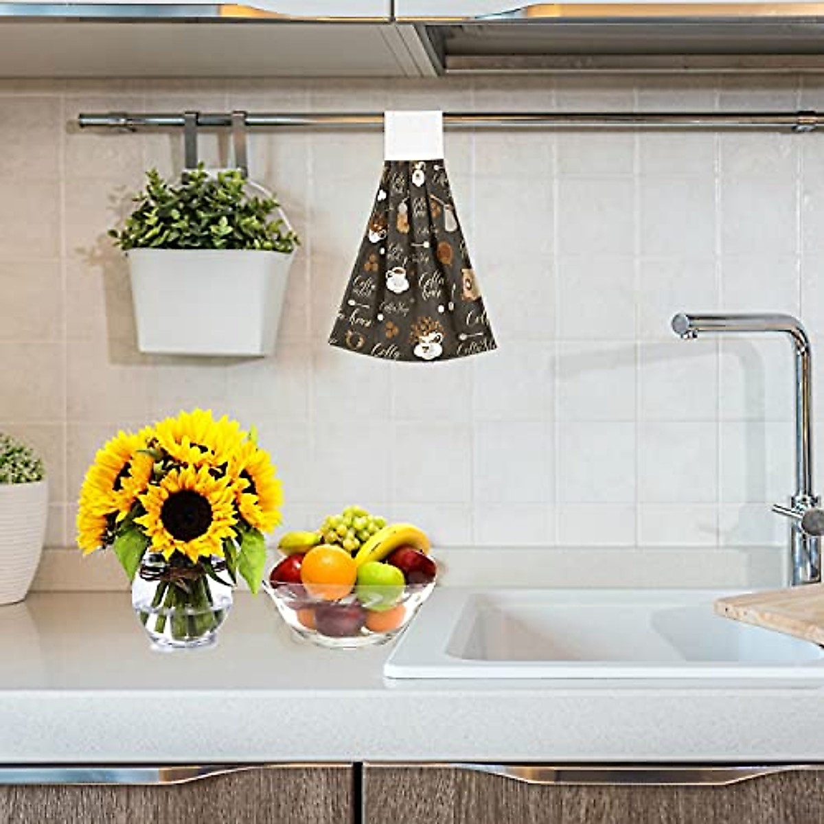 visesunny Hanging Tie Towels 2 Pack Kitchen Hand Towels Dishcloths Sets with Loop Tea Coffee Theme Retro Style Soft Cotton Absorbent Hand Towels for Bathroom Restaurant Hotel BBQ