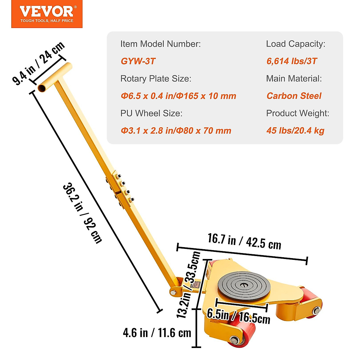 VEVOR Machinery Skate Dolly, 6614 LBS/3T Industrial Machinery Mover with Handle, Carbon Steel Machinery Moving Skate with 3 360° Swivel PU Wheels, 360° Rotation Non-Slip Cap for Warehouse, Workshop