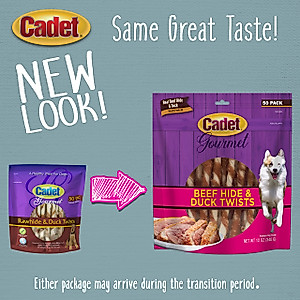 Cadet Gourmet Beef Hide Twist Chew Sticks, Long Lasting & Natural Chew Treats for Dogs, Inspected & Tested in USA, Duck Flavor (50 Count)