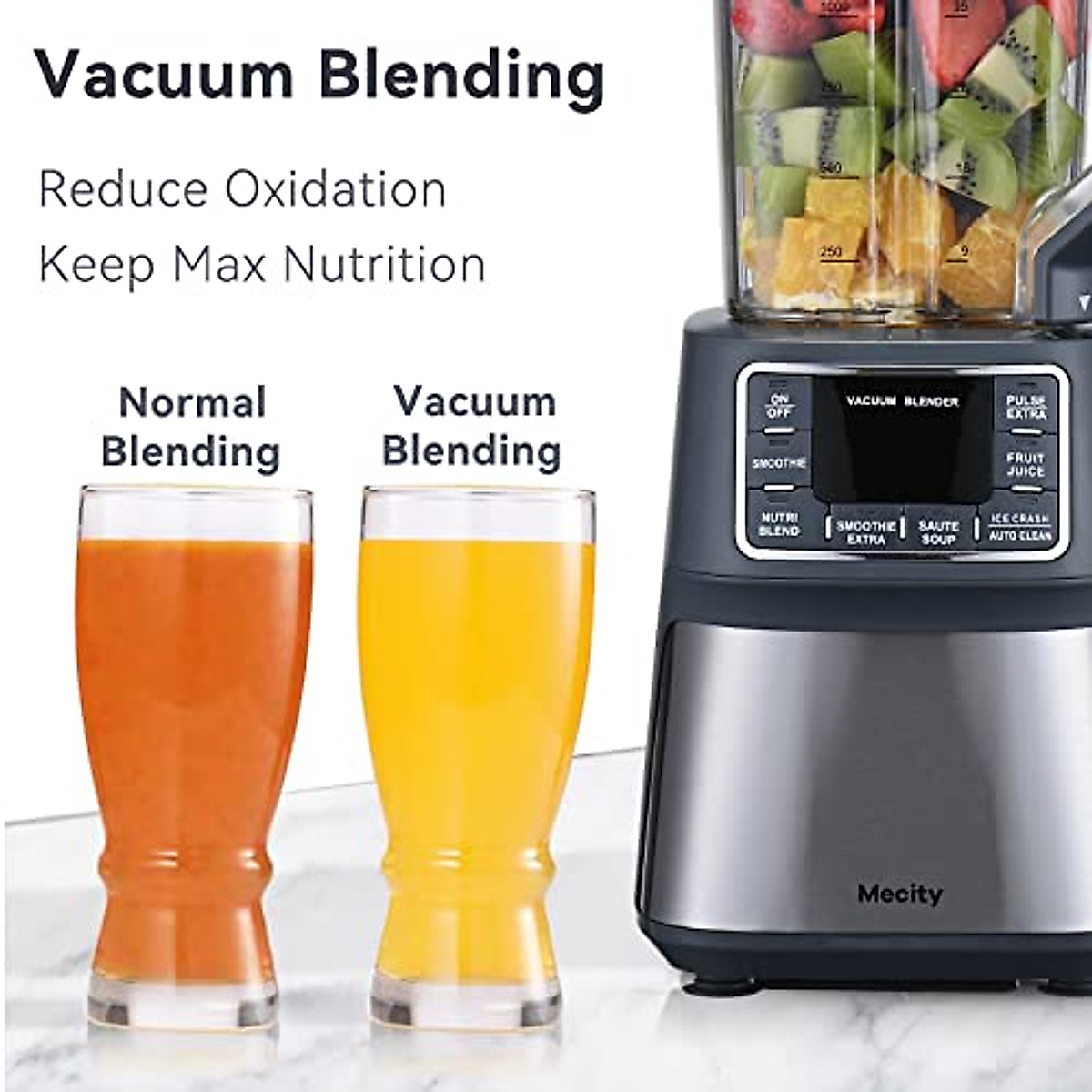 Mecity Professional Countertop Blender With Vacuum Pump, Sport Bottle, Electric High Speed Blender For Smoothie shakes Juice Soup Baby Food Frozen Fruits, LCD Display, Ice Crusher, Auto Clean, 53 Oz, 120V, 1000W