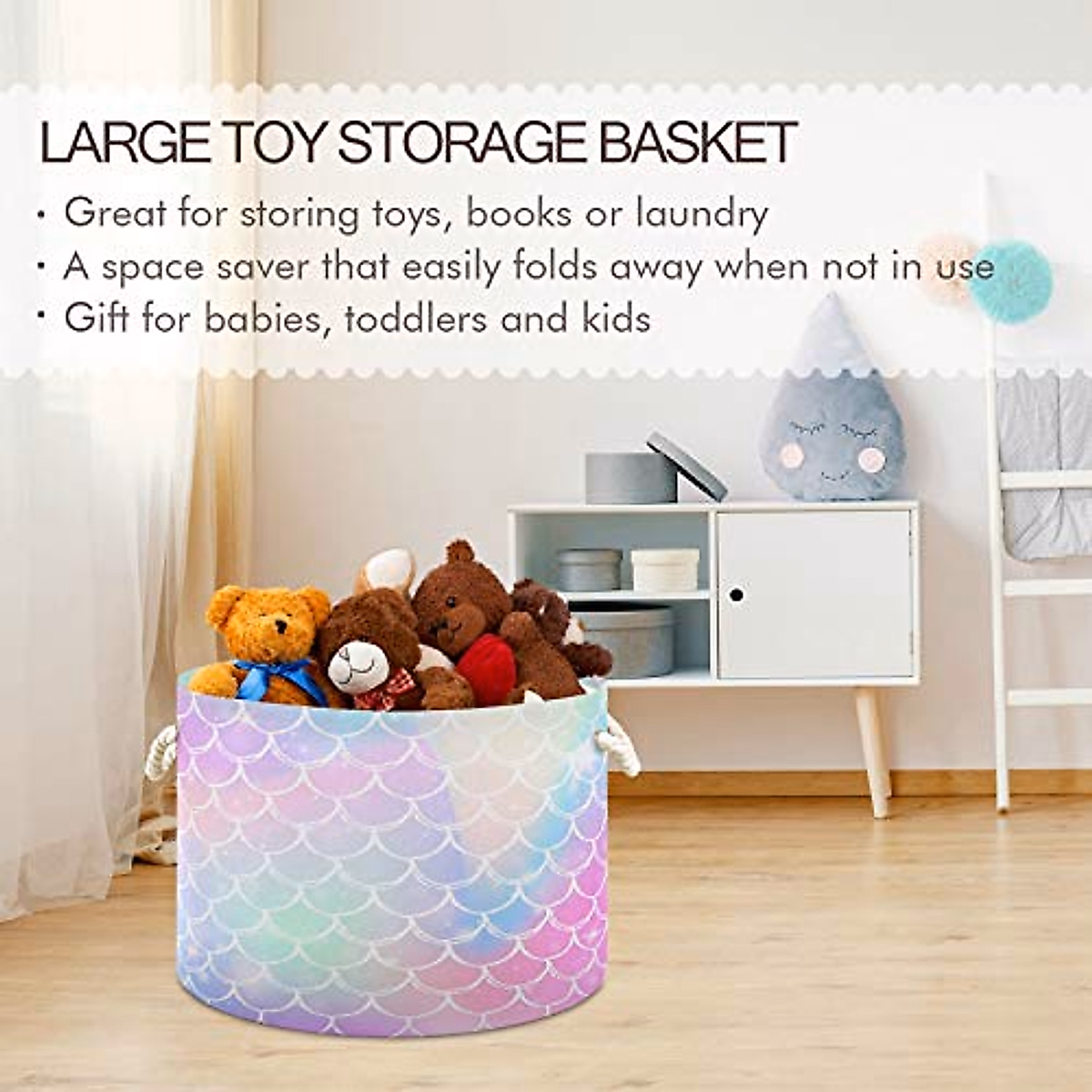 MNSRUU Storage Basket 20"x14" Rainbow Scales with Mermaid Collapsible Organizer Basket with Handles, Fabric Nursery Laundry Basket Large Capacity
