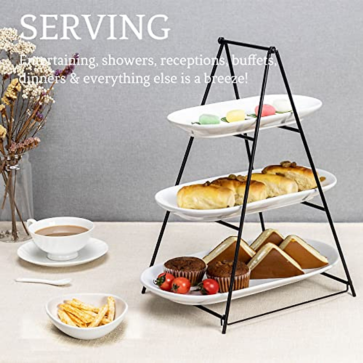 UNICASA 3 Tier Serving Tray - White Oval Serving Plate Dishes, Party Trays and Platters with Metal Rack for Cake, Snack, Fruit - Chips and Dips Serving Set