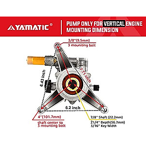 YAMATIC 7/8" Shaft Vertical Pressure Washer Pump 3000 PSI @ 2.5 GPM Replacement Pump for Power Washer, Replacement with Troybilt, Craftsman, Ryobi, Honda, Rear Facing Inlet/Outlet