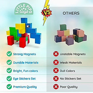 LITTLE PIPS TOYS 50PCS Magnetic Blocks for Kids [Ages 3–6] – 3D Magnetic Building Blocks Set with Child-Safe Magnetic Cubes & Eye Stickers – STEM Magnetic Toys for Critical Thinking, Motor Skills