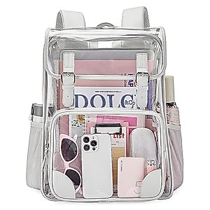 mommore Clear Backpack Heavy Duty Thick PVC Transparent Backpack with Leather Trim Large Capacity See Through Backpack for Work, Stadium