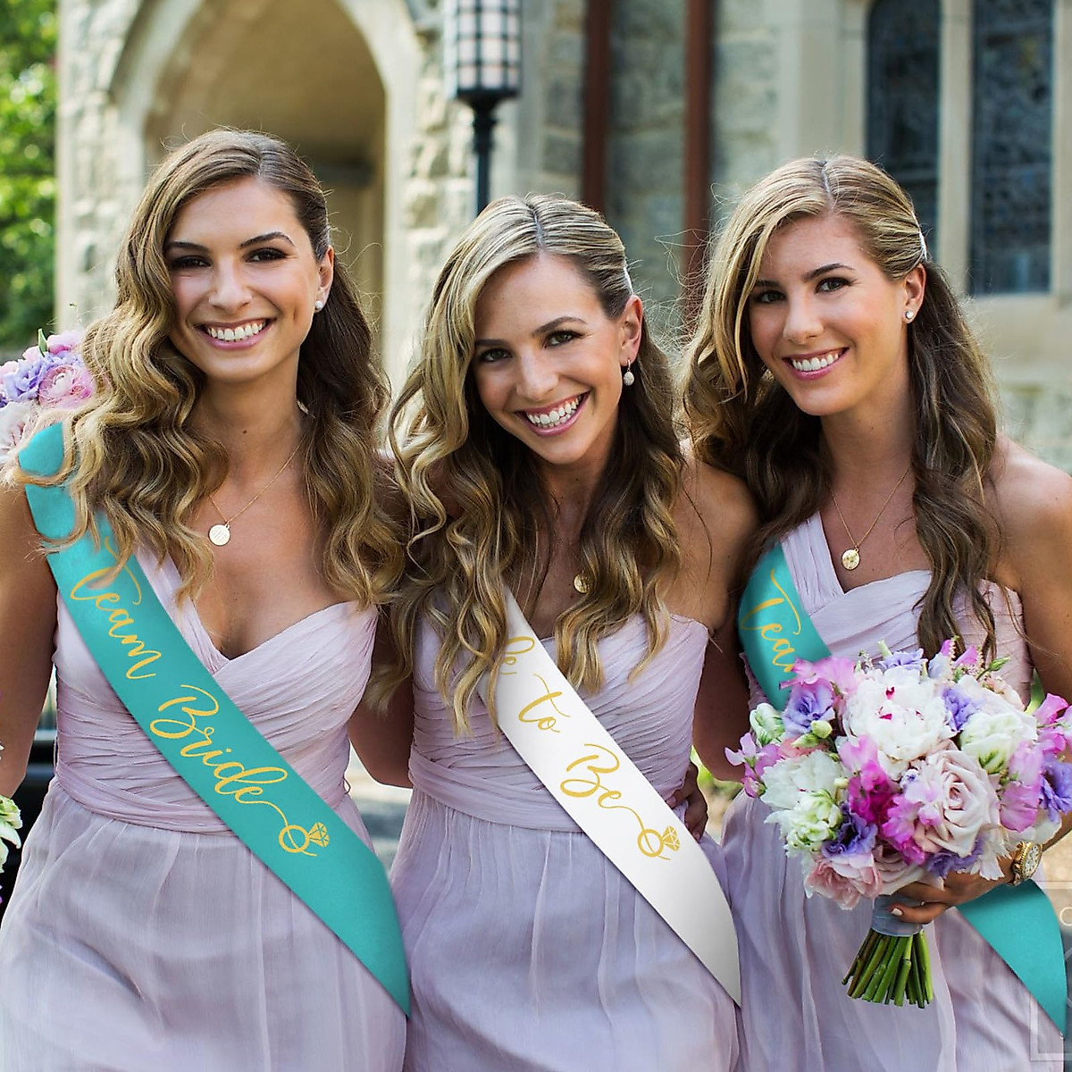 SKJIAYEE 7pcs Bachelorette Party Bride Sashes Set- White Gold Letters Bride to be Sash and Team Bride Sashes for Bachelorette Party Decorations-Bridal Shower Party Favors Gift (White+Teal)