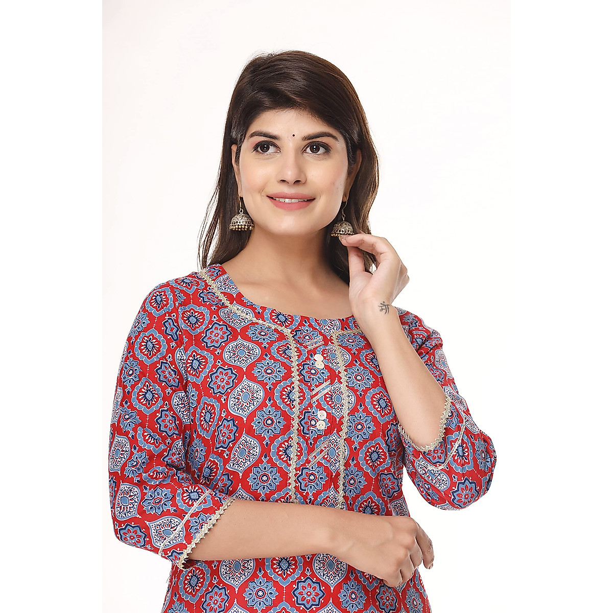 Vihaan Impex Indian Kurti Set with White Pant for Women Red