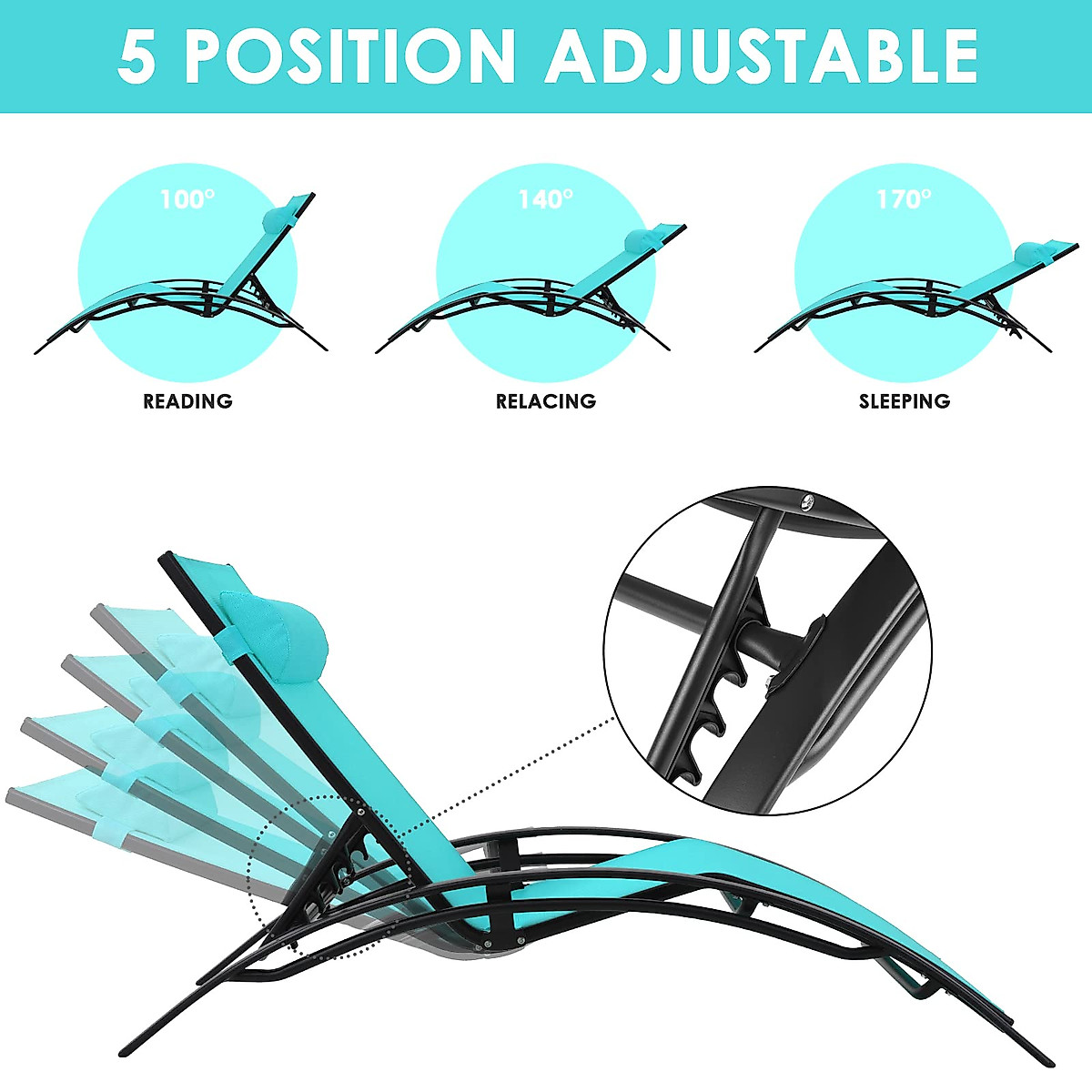 AthLike 3 pcs Poolchairs Patio Chaise Lounge Set with Headrest, 5-Level Adjustable Sunbathing Tanning Poolside Recliner Chairs with Side Table for Outdoor Beach (Blue, 2 Chairs and 1 Table)