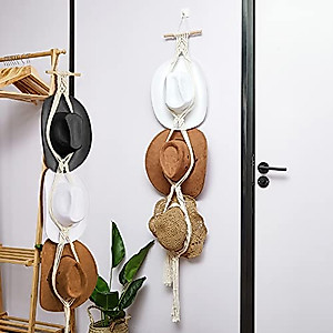 Hat Organizer Bohemian Hat Wall Hanging Wooden Hat Hooks Boho Hat Hangers for Wall Hanging Hat Display Hand Weaving Hat Rack Decorative Cap Holder for Wide Brim and Fedoras Baseball Caps (4 Pieces)