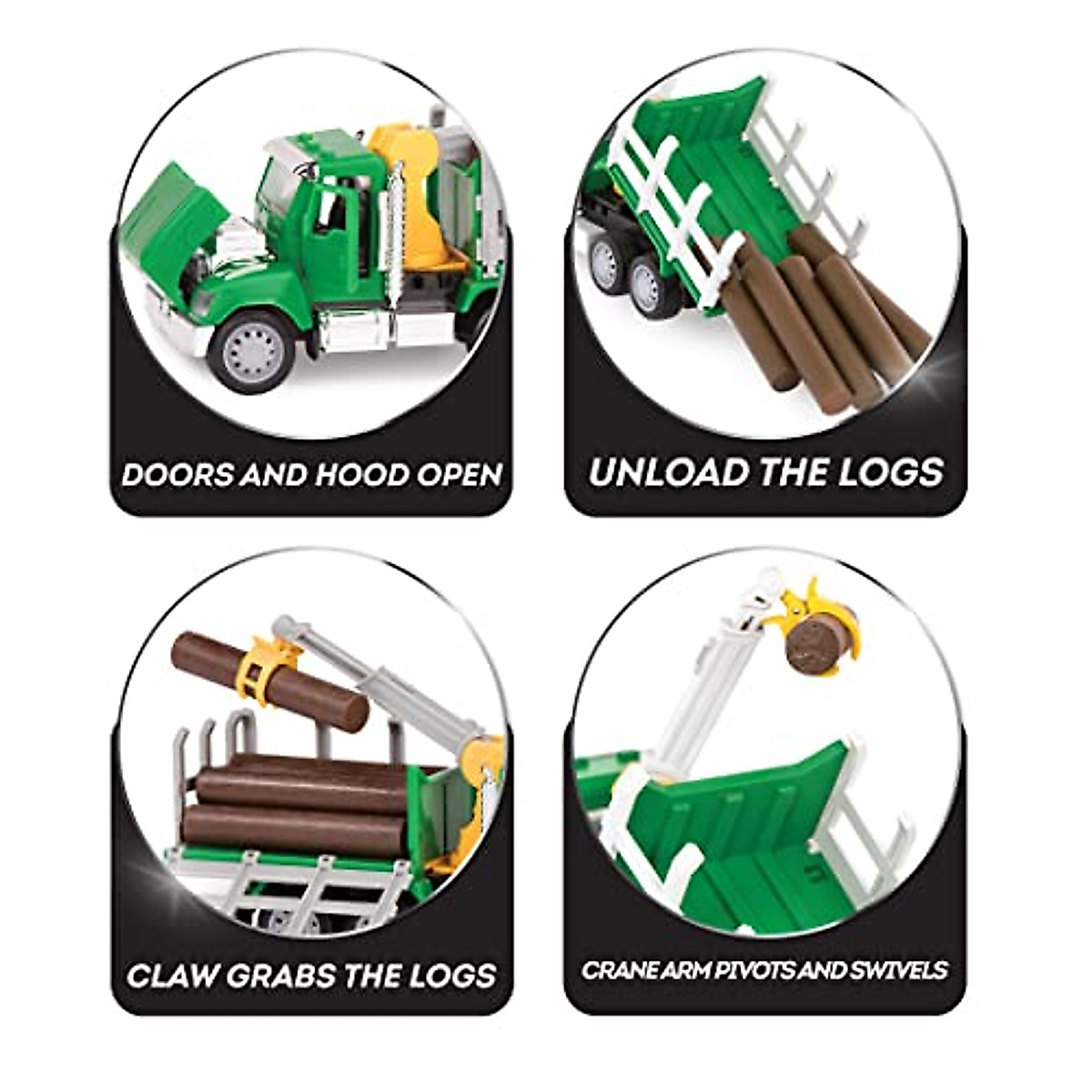 Driven by Battat – 4 Toy Vehicles for Kids&Toddlers – 7.5" Crane Truck, 7.5" Tow Truck, 7.5" Fire Truck, 7" Log Truck – Lights & Sounds – Gift Construction Toys for 3 Year Old+