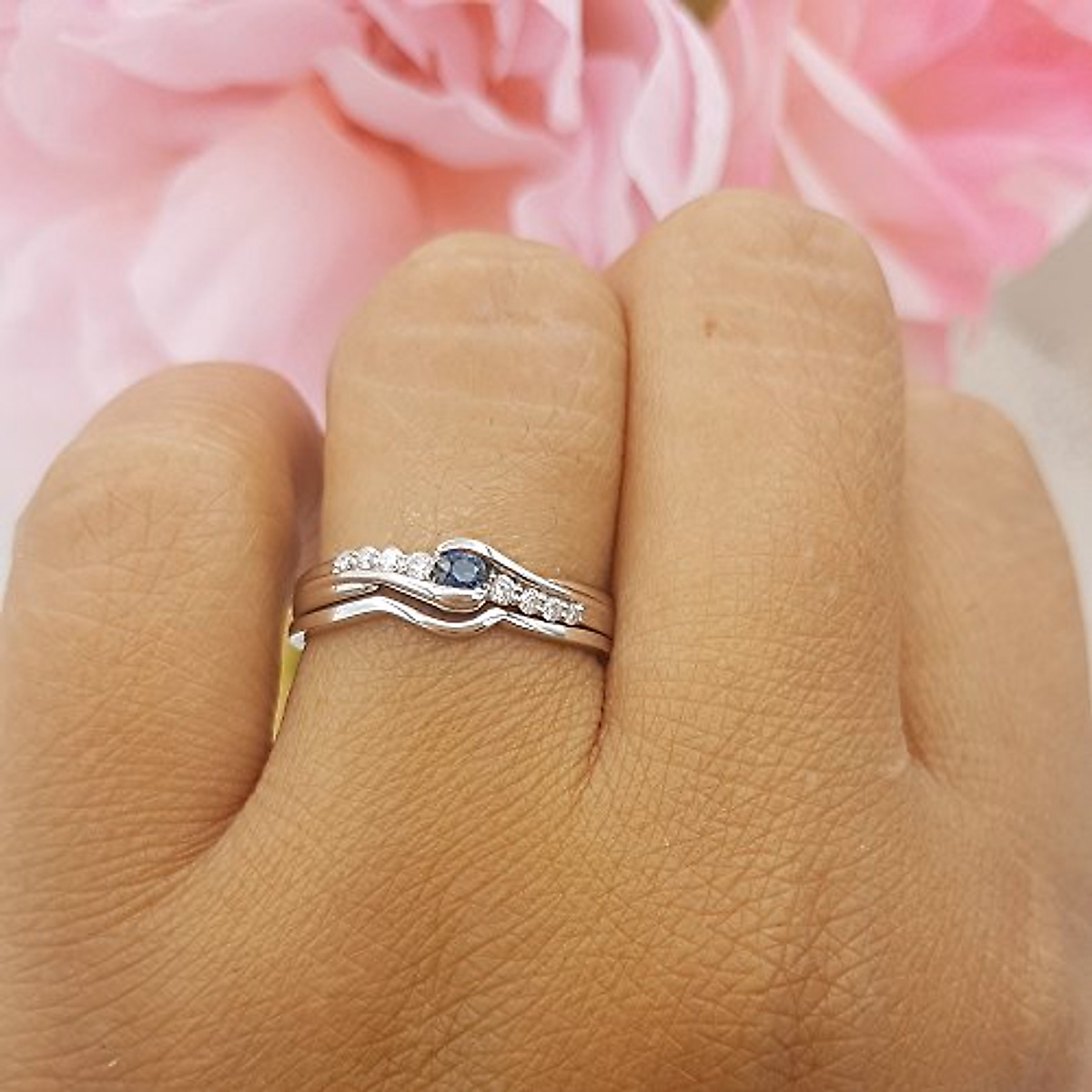 Dazzlingrock Collection 14K Blue Sapphire And White Diamond Women Bridal Engagement Wedding Ring Band Set, White Gold, Size 8