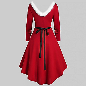 Christmas High Low Dress for Women Plus Size Mrs Claus Costume Xmas Outfits Fuzzy V Neck Swing Holiday Party Dress Red