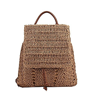 OWGSEE Summer Handmade Woven Crochet Straw Backpack Flap Drawstring Boho Backpack Purse for Women Vacation (Khaki)