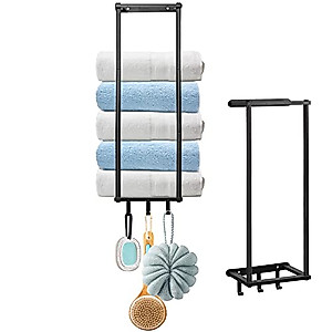 Bathroom Towel Racks Wall Mounted, Rolled Bath Towels Holder Storage with 3 Hooks, Adjustable & Space Saving Towel Hanger Black Metal Bath Towel Organizer Shelf for Folded Large Washcloths