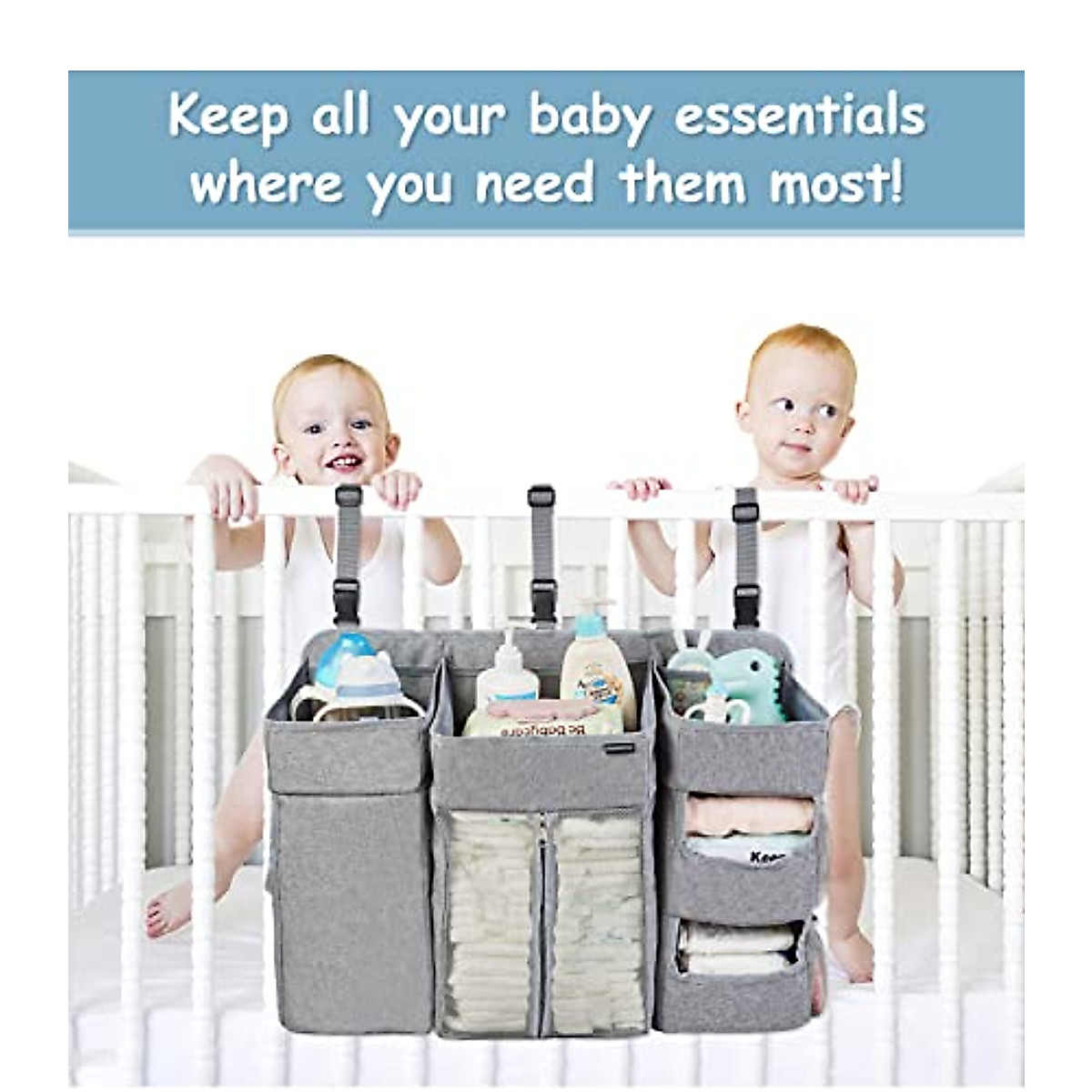 Clearworld Hanging Diaper Caddy for Changing Table and Crib,XL Diaper Caddy Organizer for Baby Essentials,Upgrade Thicken Diaper Stacker Nursery Organizer, Baby Shower Gifts(Gray)