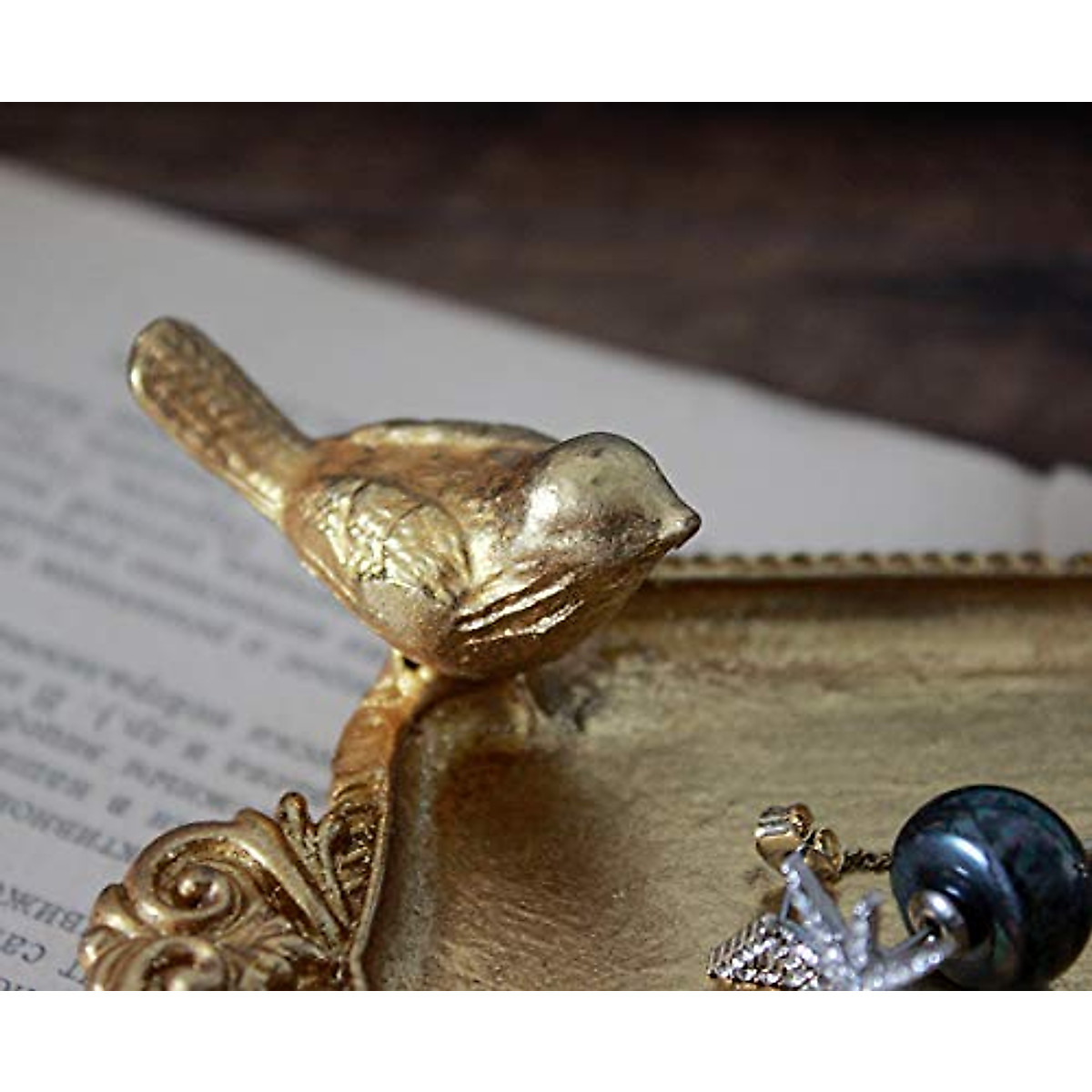 Funly mee Antique Trinket Dish Vintage Golden Metal Jewelry Tray with Bird, Ring Holder