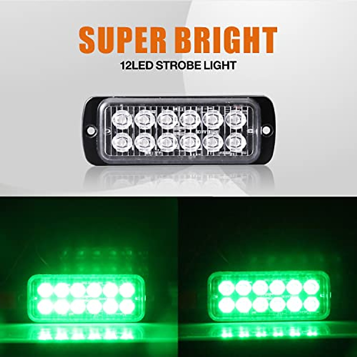 Primelux Upgraded Green Strobe Lights for Trucks 4pcs Sync Feature Ultra Slim Design Emergency Lights for Vehicle 12-LED Surface Mount Flashing Light Warning light for 12V-24V Vehicles and Cars