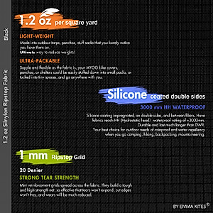 emma kites Black 20D Ripstop Nylon Fabric Waterproof 1.2 oz Silnylon Silicone Coating Ultralight Tear Resistant for Tarp Tent Poncho Rainfly Pack Cover Stuff Gear Sack Pre-Cut 1 Yard (60"x36")