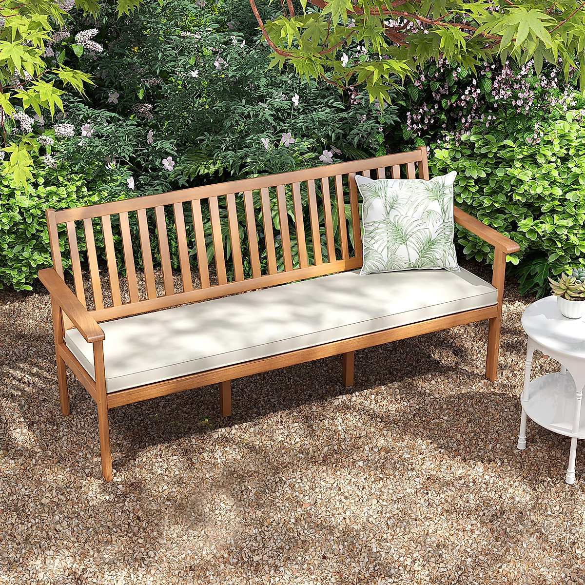 RELAX4LIFE 64’’ Outdoor Bench Acacia Wood - 3-Person Patio Bench w/Slatted Backrest, Armrests & Removable Seat Cushion, Wooden Front Porch Garden Bench for Poolside Balcony Backyard, 1200 LBS Capacity