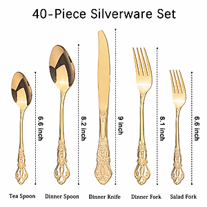 Retro Royal Gold Silverware Set With Gift Box For 8 Cutlery Set Utensils Stainless Steel Flatware 40 Pieces MIKIWAY Kitchen Tableware Set For Gifts Festive, Dishwasher Safe, Mirror Polishing