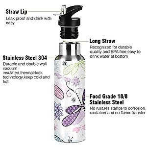 Bulletgxll Water Bottle with Straw Lid 34oz Beautiful Colorful Dragonfly Reusable Vacuum Insulated Stainless Steel water bottles, Leak Proof, BPA-Free.