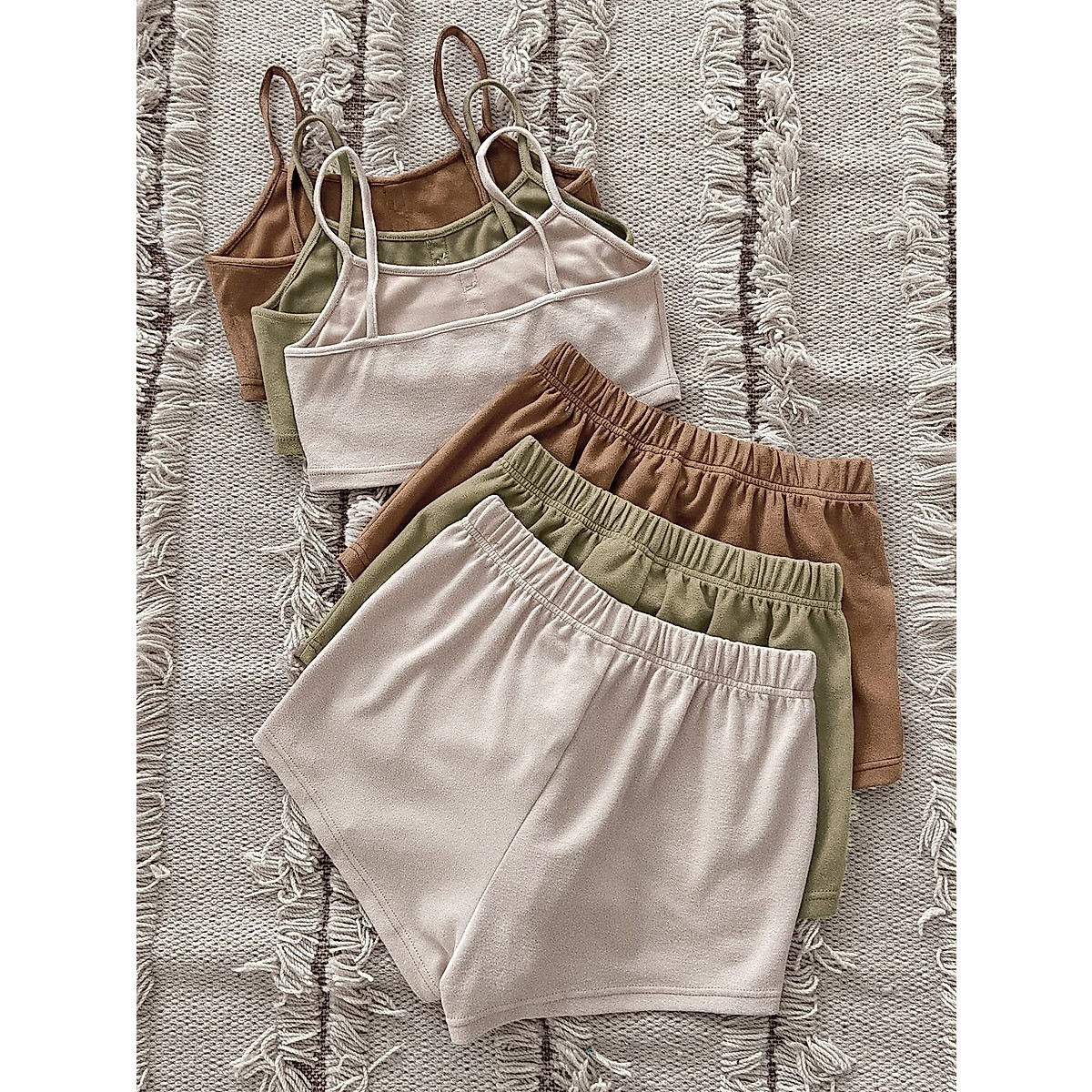 Verdusa Women's 6 Pieces Outfits Lounge Set Sleepwear Button Front Cami Top & Shorts Brown Green Apricot M