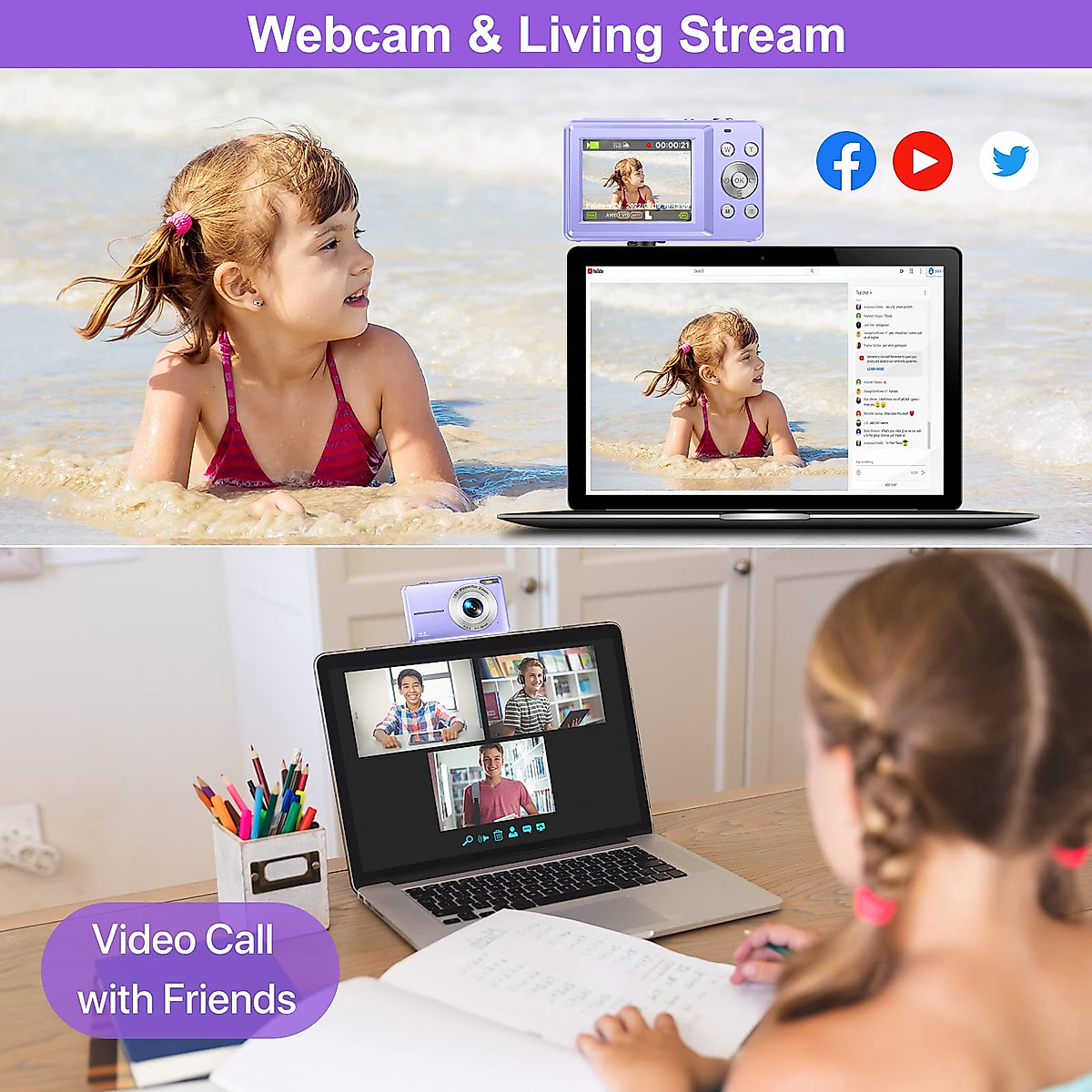 Digital Camera, Kids Camera with 32GB Card FHD 1080P 44MP Vlogging Camera with LCD Screen 16X Zoom Compact Portable Mini Rechargeable Camera Gifts for Students Teens Adults Girls Boys-Purple