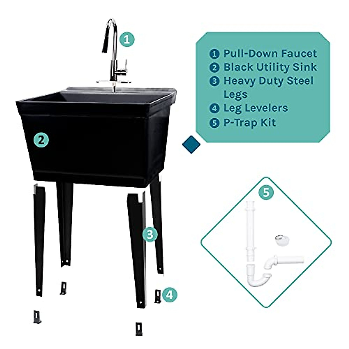 Laundry Sink Utility Tub With High Arc Metal Pull Down Faucet By JS Jackson Supplies Parent (Chrome Faucet, Black Tub)
