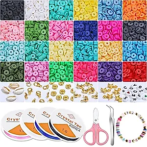 5310 Pcs Clay Beads 6mm 24 Colors Flat Round Polymer Clay Spacer Beads Heishi Beads Kit with 260 Pcs Letter Beads 240 Pcs Pendants and 4 Roll Elastic Strings for DIY Jewelry Making Bracelets Necklace
