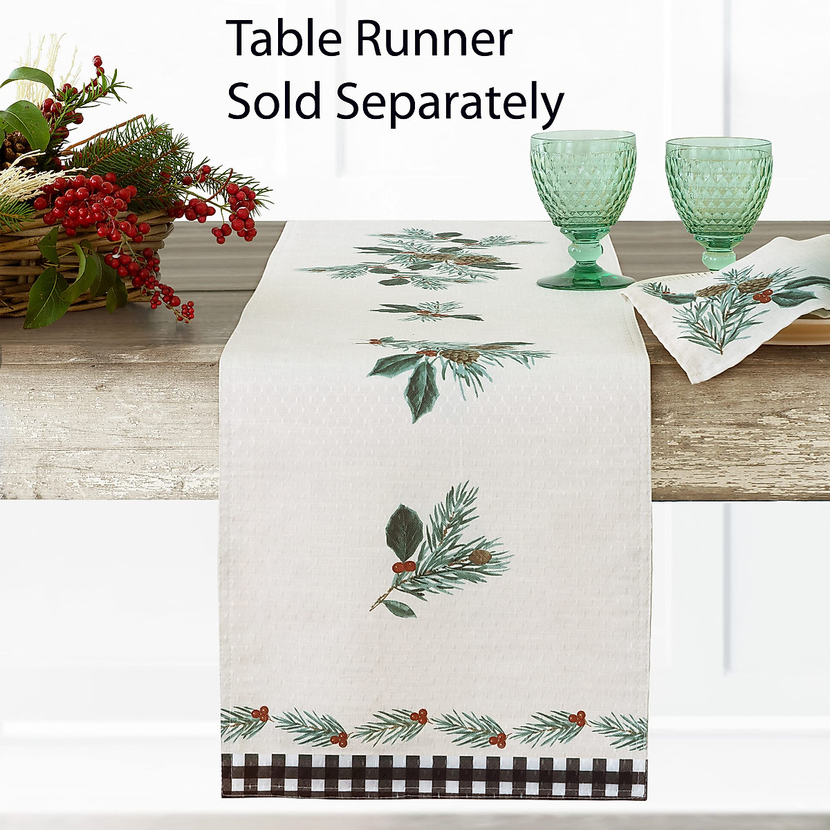 Lintex Festive Berry Black Plaid Country Rustic Bordered Christmas Tablecloth, Cottage Check and Holly Bordered Xmas and Holiday Print Easy Care Fabric Tablecloth, 70 Inch Round