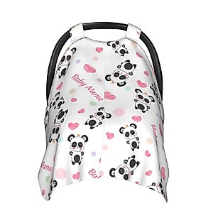 Personalized Cute Panda Pink Baby Car Seat Canopy for Babies with Name, Customized Stroller Car Seat Covers for Girls, Minky Nursing Carseat Cover for Breastfeeding, Car Seat Canopies for Newborn