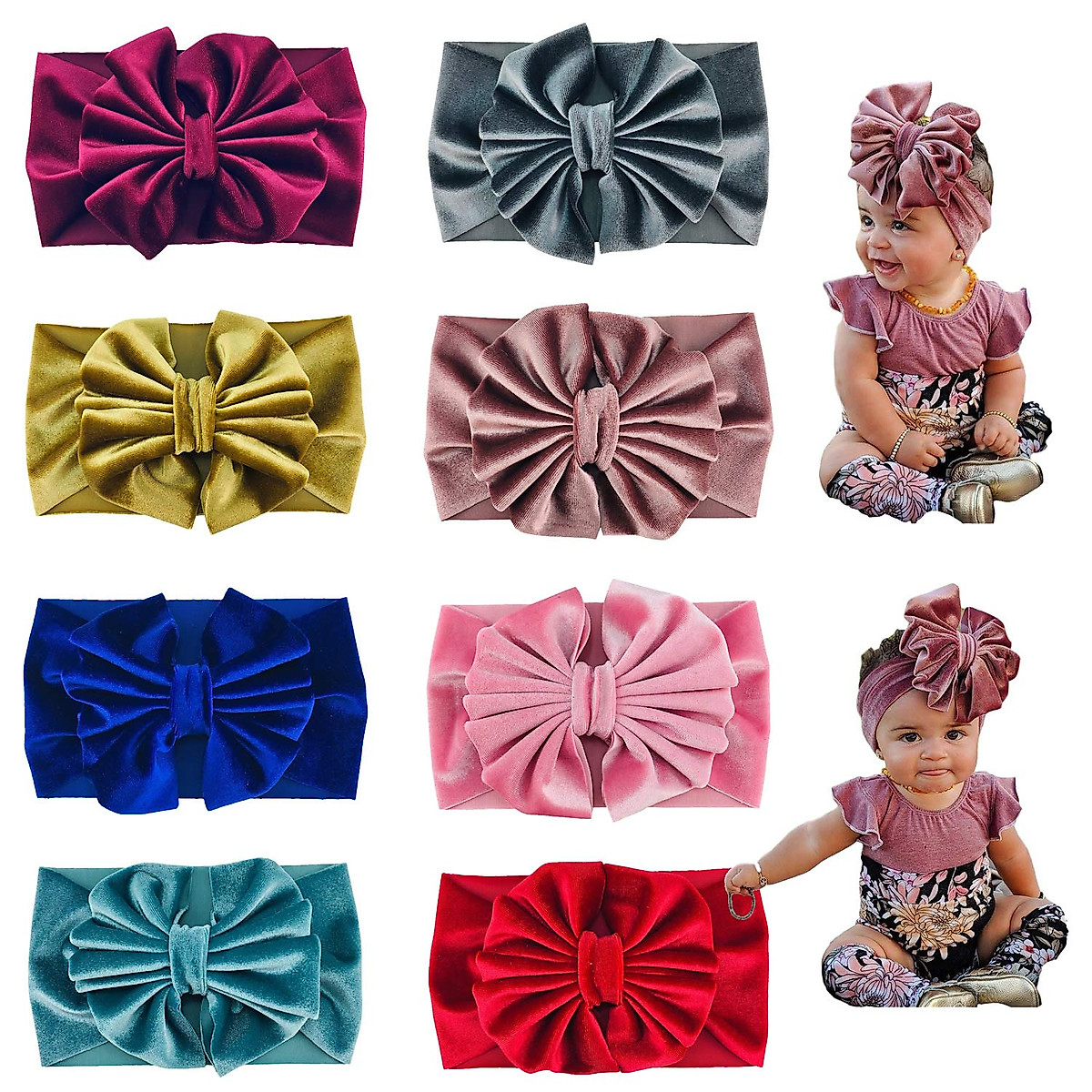 Lawie 8 PACK Elastic Stretchy Elastic Soft Wide Velvet Bowknot Bow Headbands Hairband Knot Turban Headwraps Hair Bows Accessories for Kids Toddler Infant Newborn Baby Girl Bulk