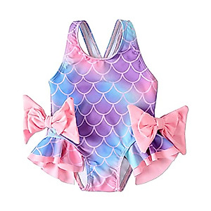 PATPAT Baby Girl Sleeveless Ruffle Swimwear Infant Girl Bow Mermaid Backless One-Piece Swimsuit Colorful 18-24 Months