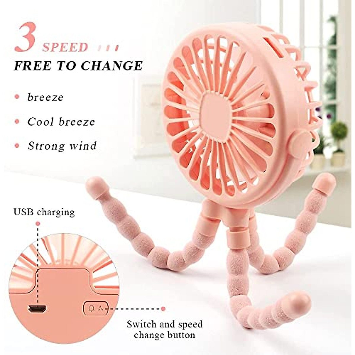 Keweis Mini Handheld Stroller Fan Octopus Fan Baby Fan with Flexible Tripod Wrapped on Stroller, Car Seat, Student Bed, Bike USB Rechargeable Fan, Desk Fan for Office and Baby Room or Outdoor