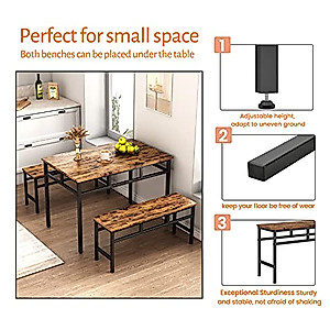 CALABASH Dining Room Table Set with 2 Benches, Industrial 3 Piece Dining Set for Home, Kitchen, Apartment and Small Space,Rustic Brown and Black Metal Frame