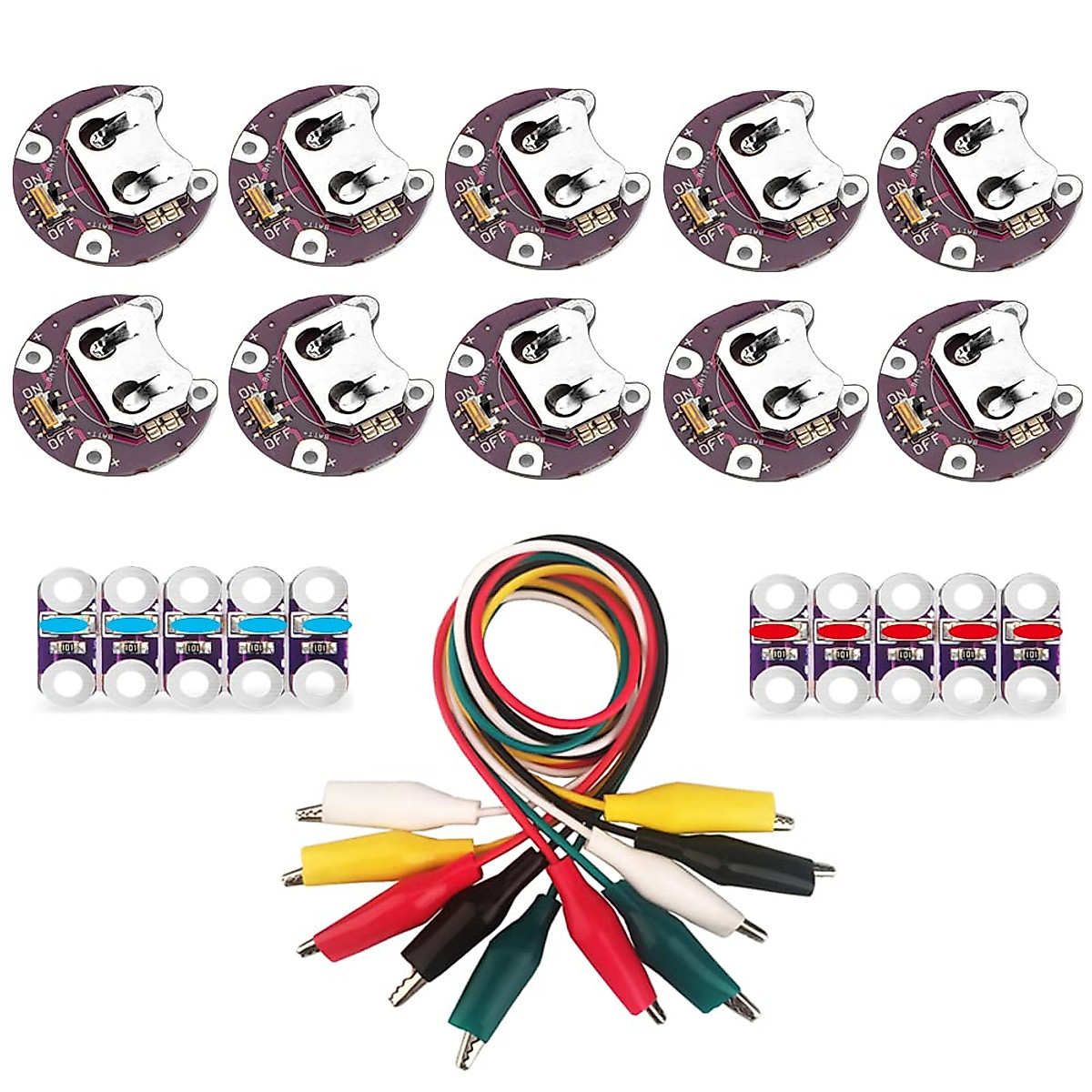 KOOKYE 10x Lilypad Coin Cell Battery Holder 10x Lilypad LEDs Alligator Clips Test Lead Wire for Arduino Raspberry Pi