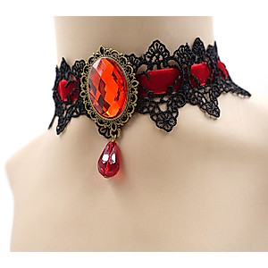 Youniker Retro Handmade Choker Necklace for Women Gothic Black Lace Necklace for Halloween Punk Costume Party Royal Court Vampire Choker Pendant Chain (Red)