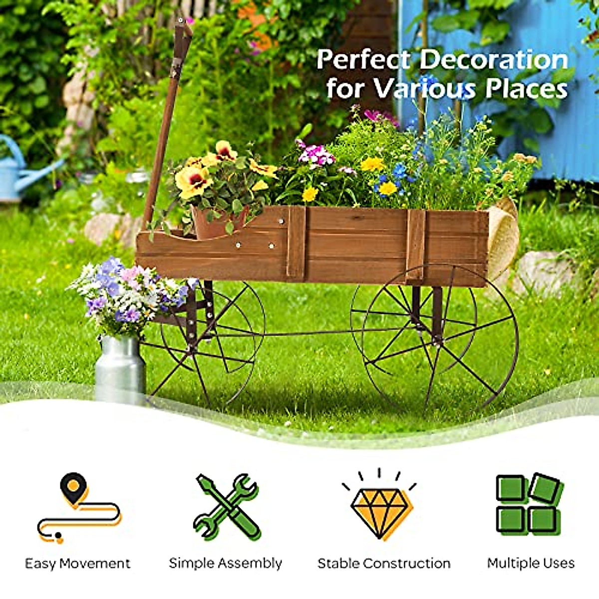 Giantex Decorative Garden Planter, Small Wagon Cart with Metal Wheels, Wood Raised Beds Plant Pot Stand for Backyard Garden Patio 24.5"x13.5"x24" (Natural)