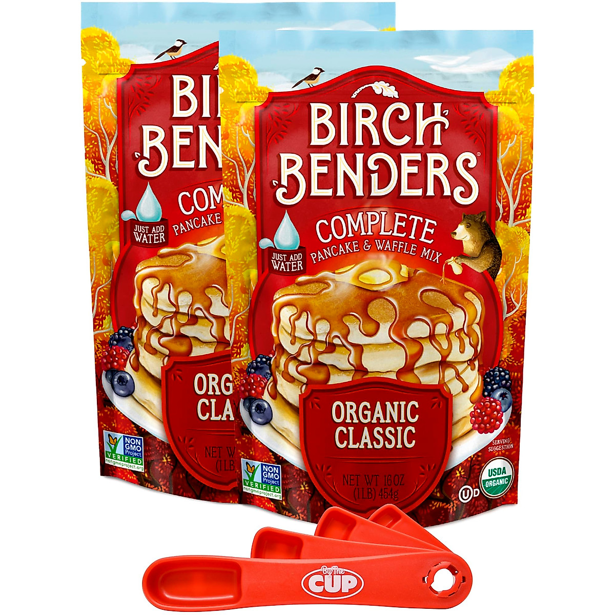 Birch Benders Organic Classic Pancake and Waffle Mix, 16 oz (Pack of 2) with By The Cup Swivel Spoons