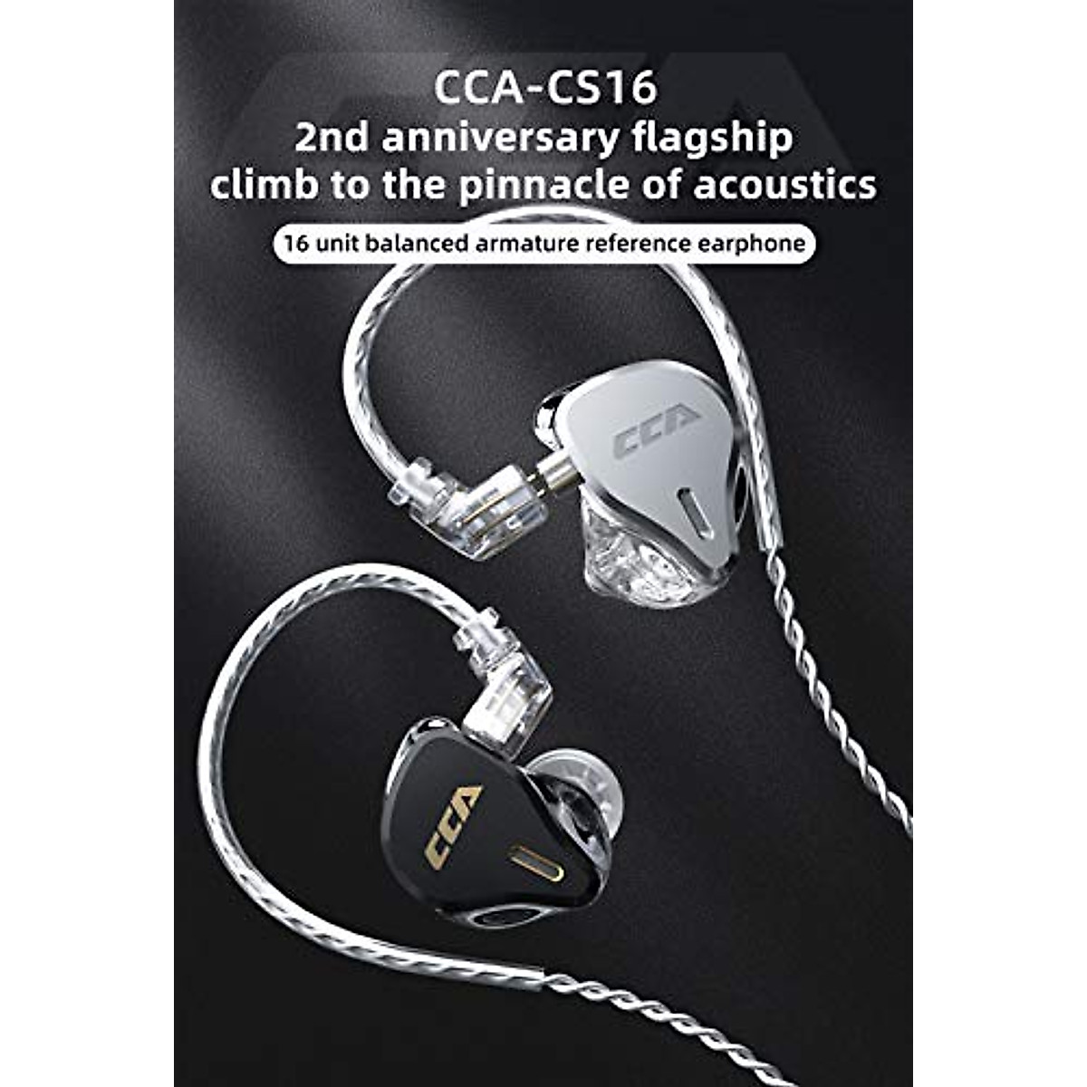 CCA CS16 in-Ear Monitors, 16BA Reference HiFi Stereo IEM Wired Earphones/Earbuds/Headphones with Detachable Cable 2Pin for Musician Audiophile (Without Mic, Black)