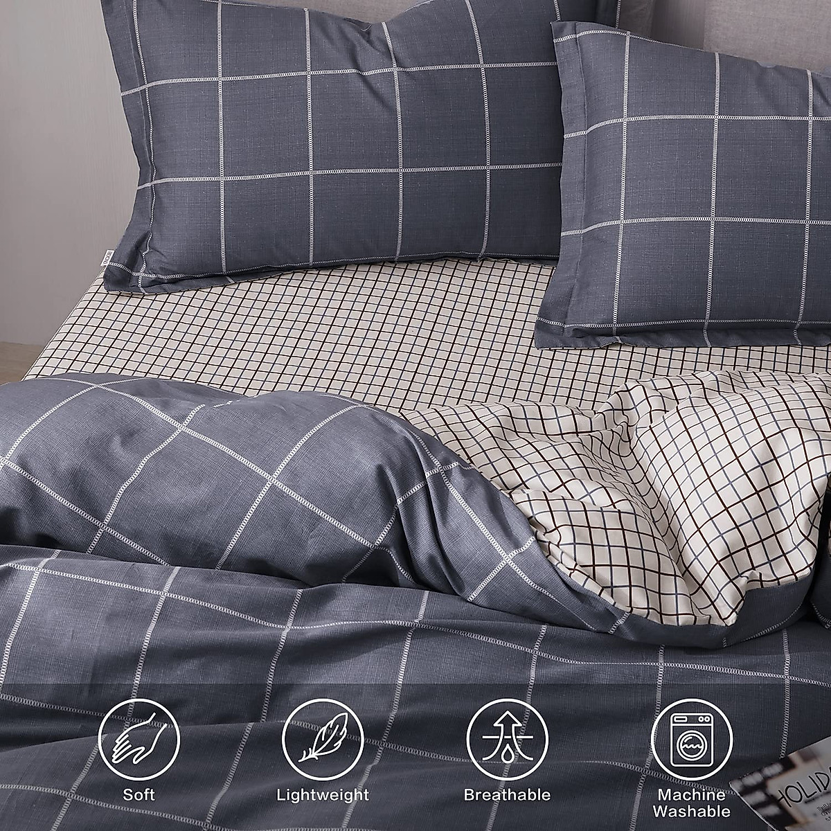 SAPHREAS Gray Plaid Duvet Cover Set Queen Size 3pcs Dark Grey Grey Geometric Grid Cotton Bedding Comforter Cover Set 1 Quilt Cover 2 Pillow Shams